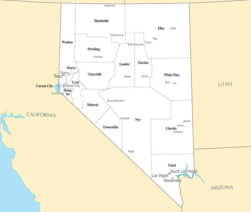 Map of Nevada NV - County Map with selected Cities and Towns Framed Dr ...
