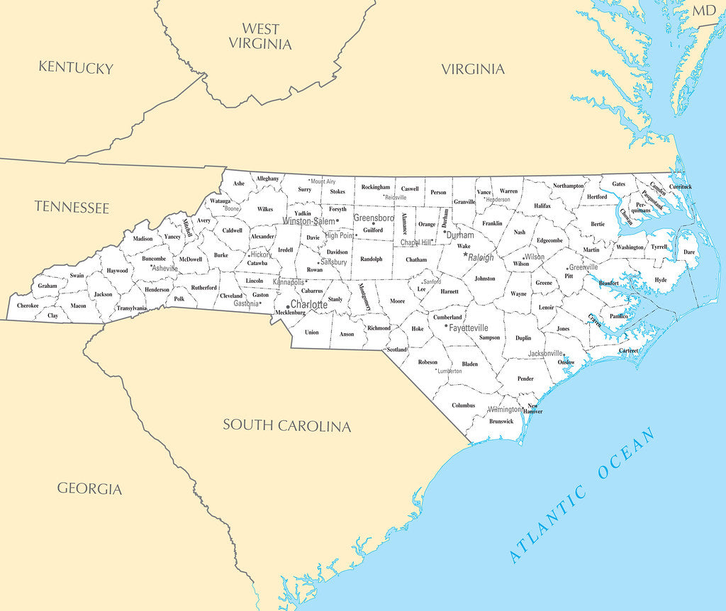 Map of North Carolina NC - County Map with selected Cities and Towns ...