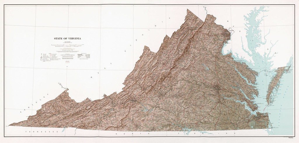 Map of State of Virginia, base map with highways and contours, shaded ...