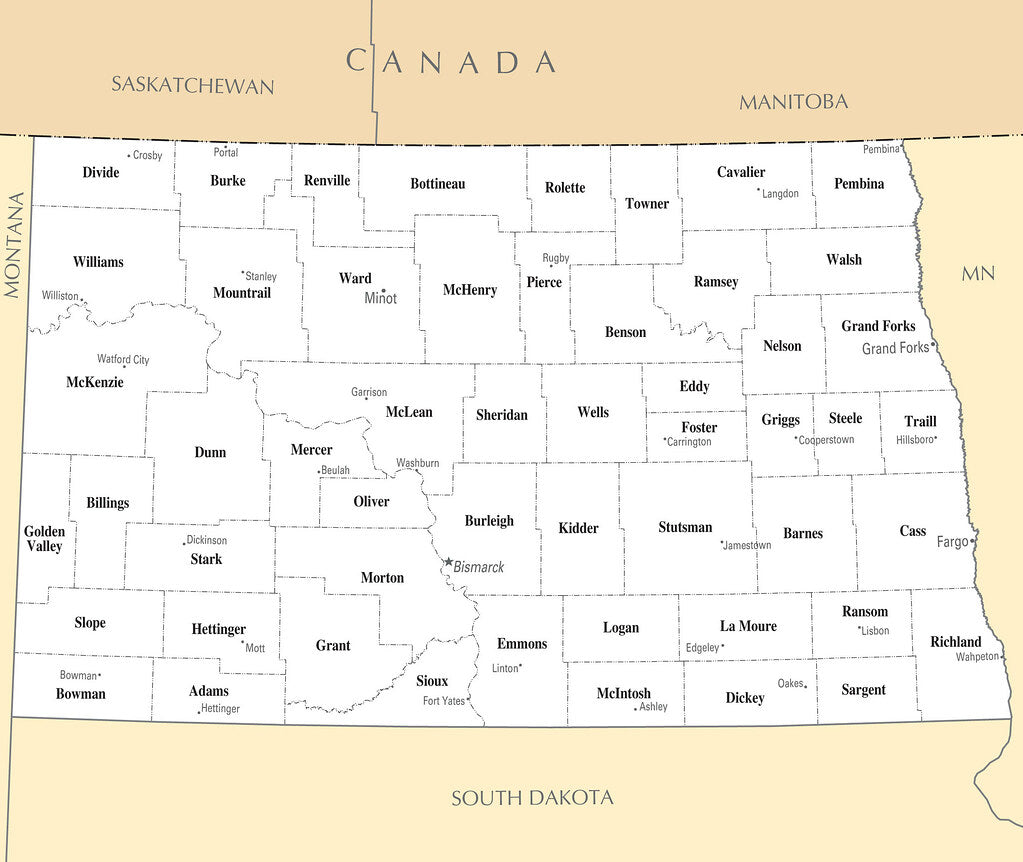 Map of North Dakota ND - County Map with selected Cities and Towns ...