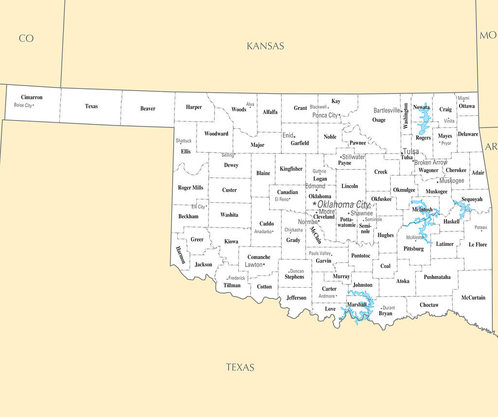 Map of Oklahoma OK - County Map with selected Cities and Towns ...