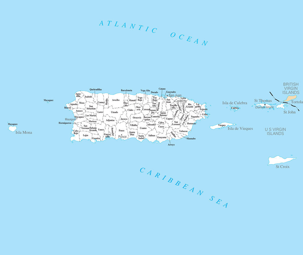 Map of Puerto Rico PR - County Map with selected Cities and Towns ...