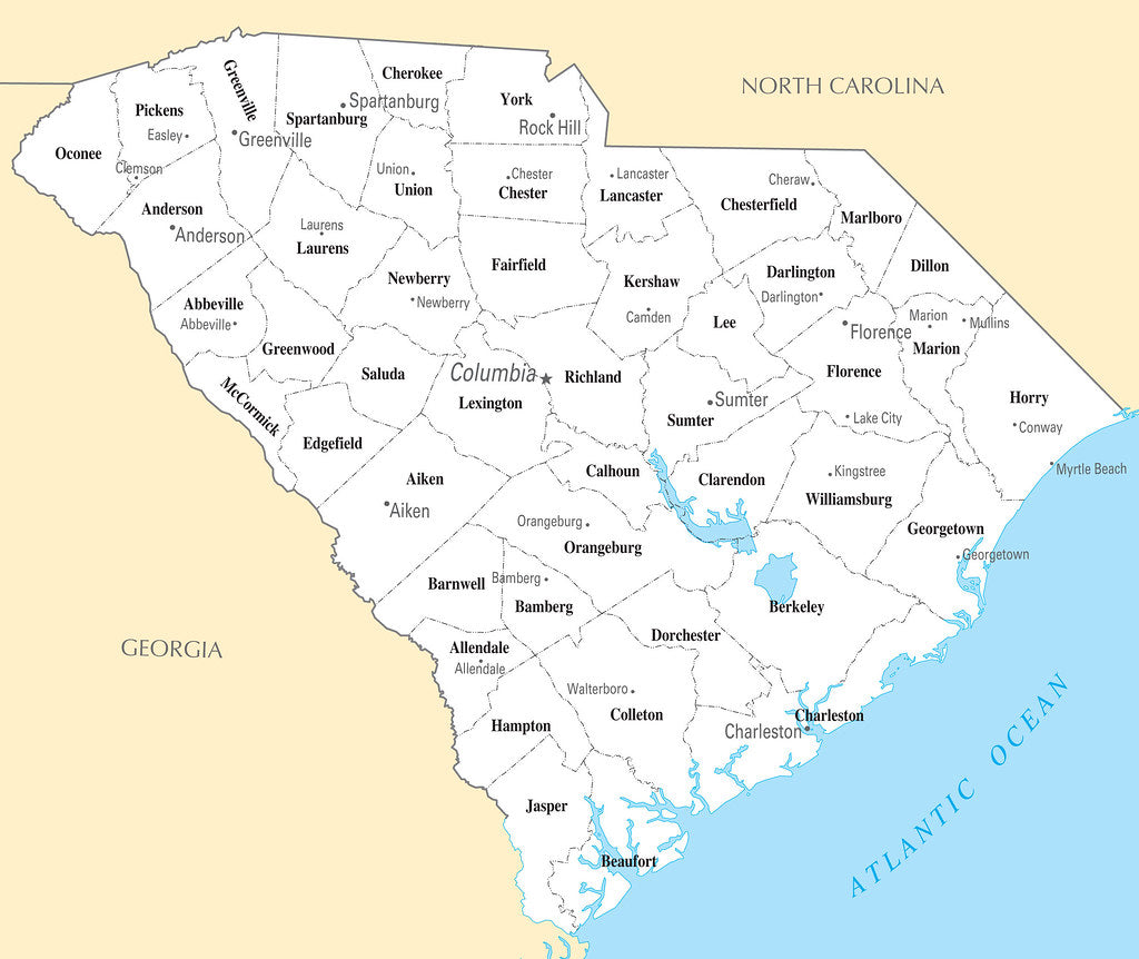Map of South Carolina SC - County Map with selected Cities and Towns F ...