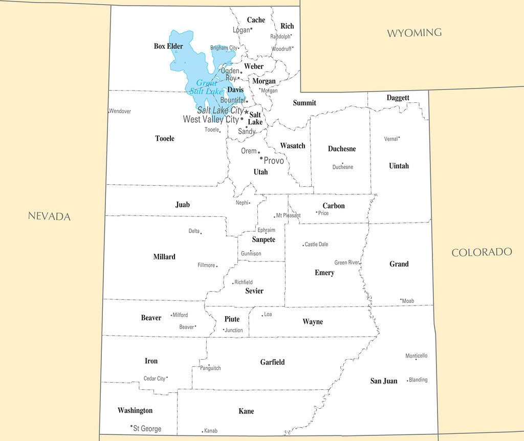Map of Utah UT - County Map with selected Cities and Towns Framed Dry ...