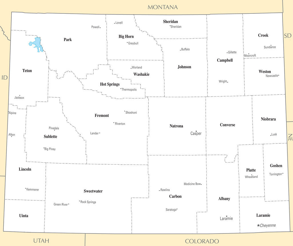 Framed Map of Wyoming WY - County Map with selected Cities and Towns ...