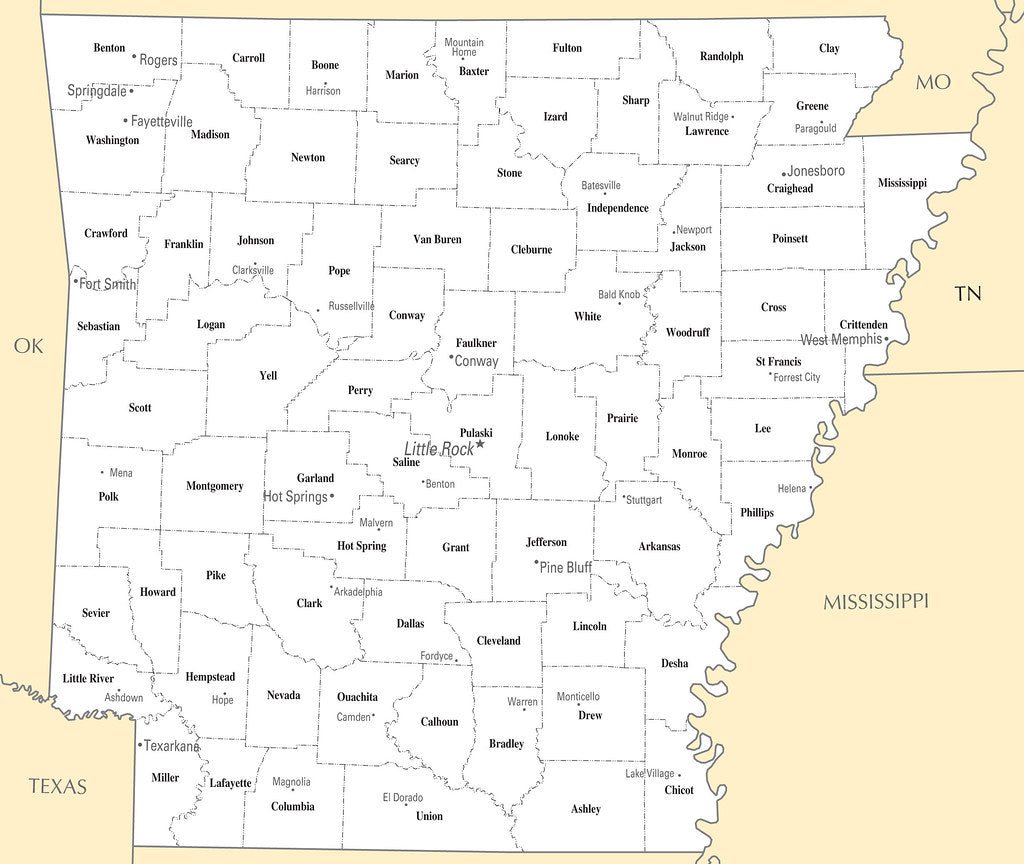 Map of Arkansas AR - County Map with selected Cities and Towns Framed ...