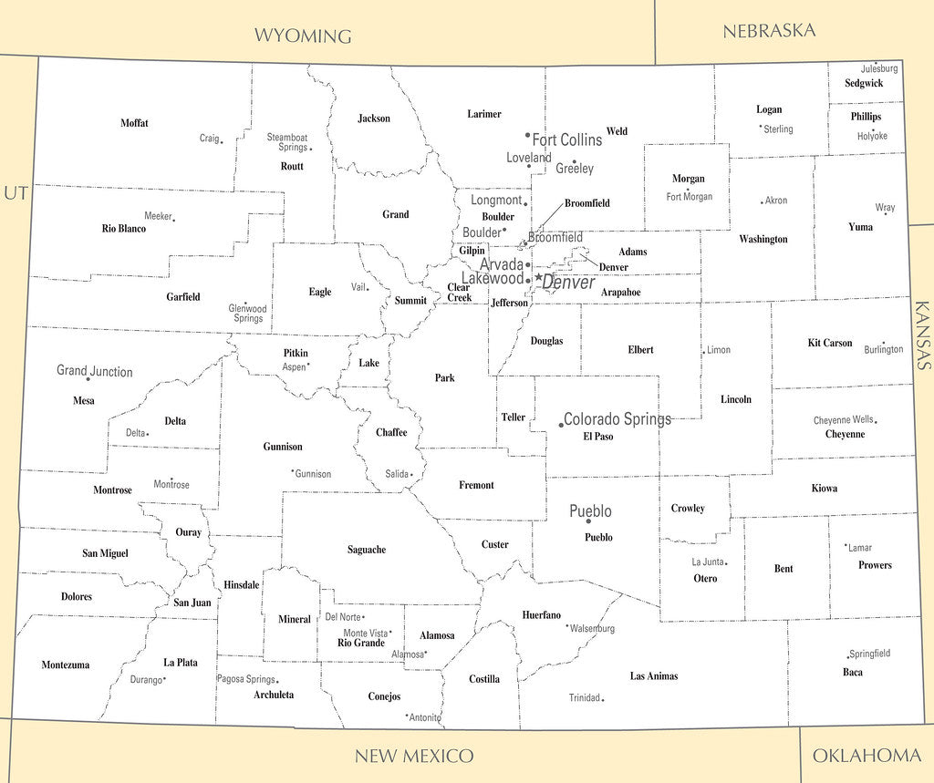Map of Colorado CO - County Map with selected Cities and Towns ...