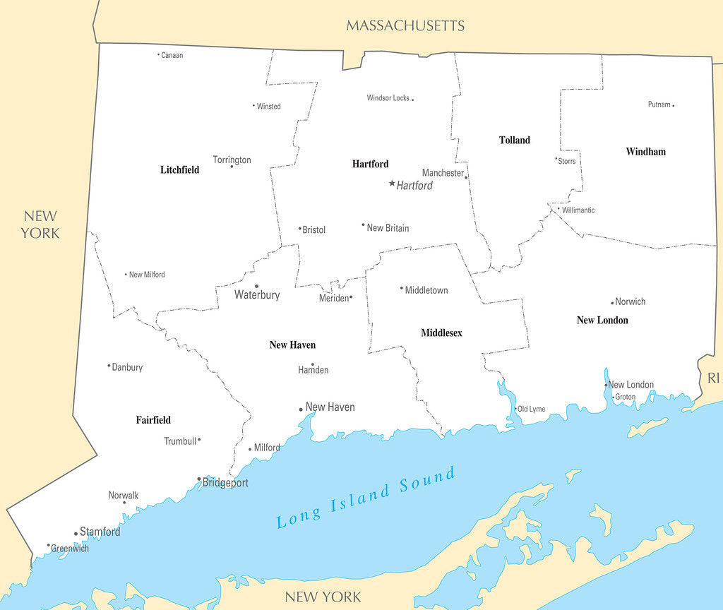 Map of Connecticut CT - County Map with selected Cities and Towns Fram ...