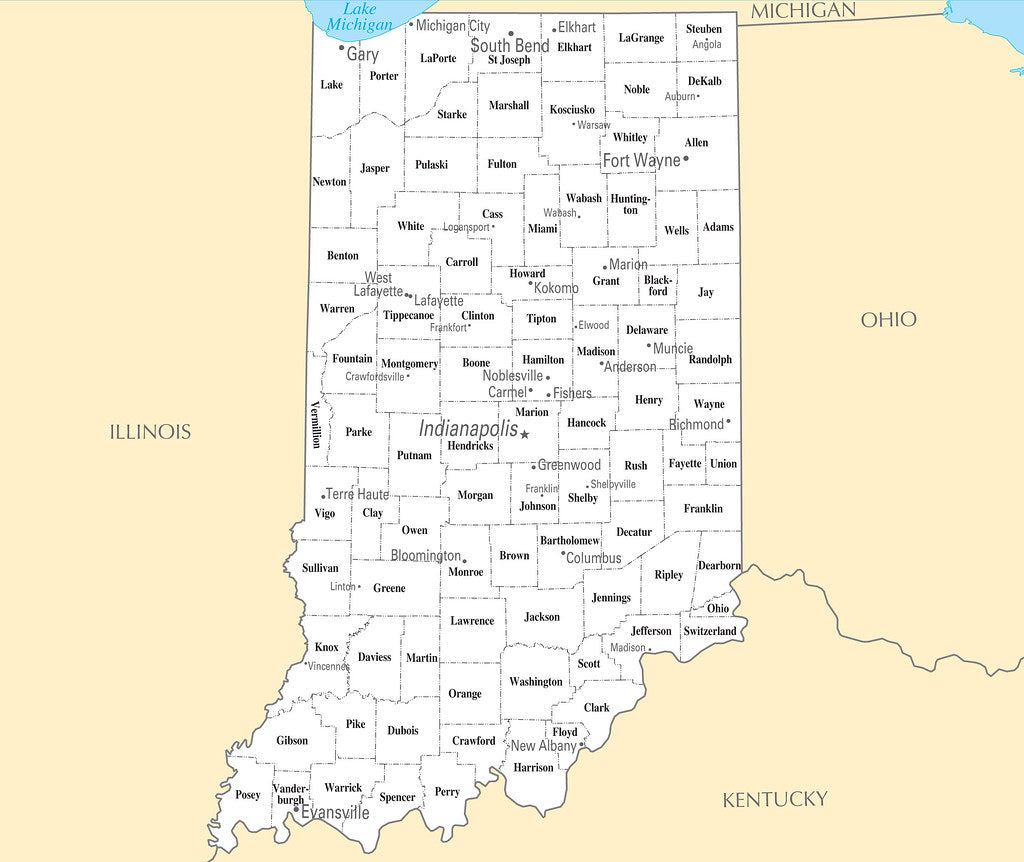 Map of Indiana IN - County Map with selected Cities and Towns Framed ...
