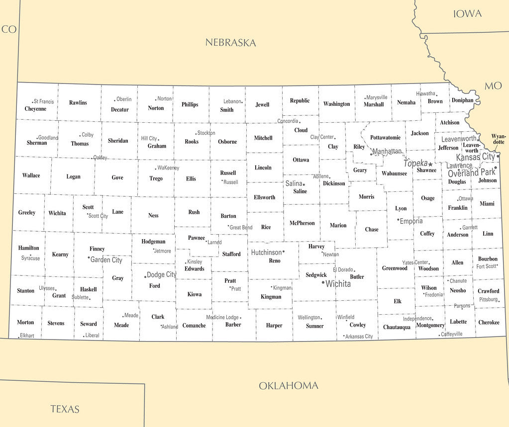 Map of Kansas KS - County Map with selected Cities and Towns ...