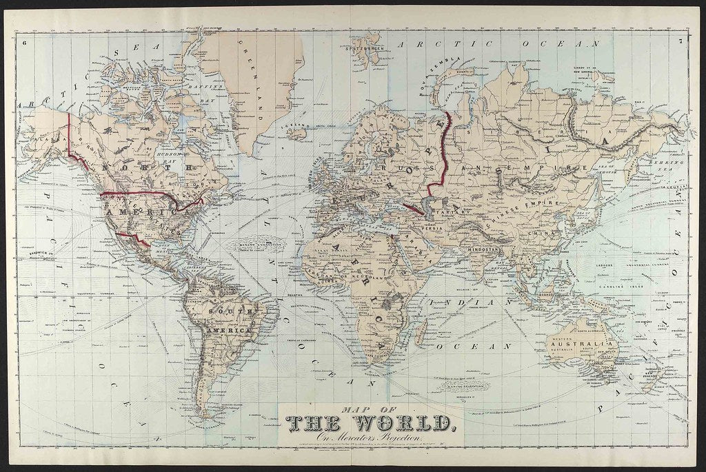 Framed Map of the World, On Mercator's Projection, 1875 – wallmapsforsale