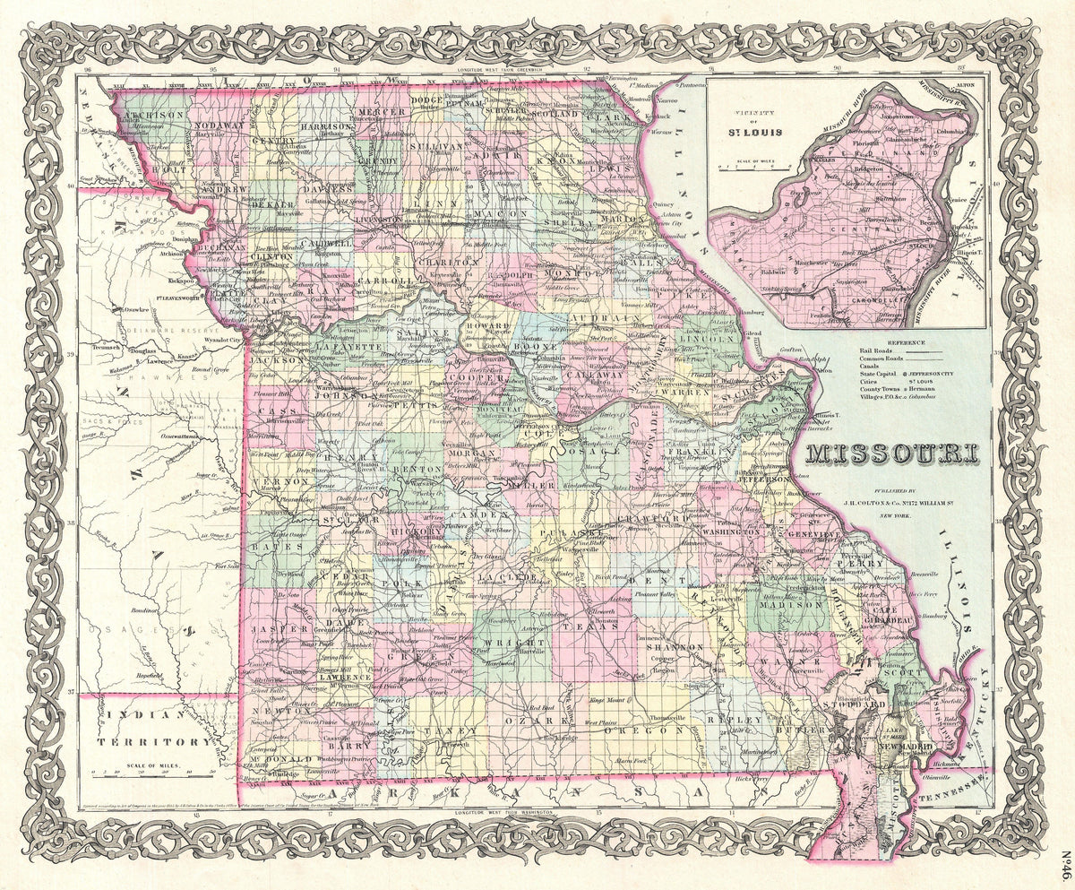 Framed Map of Missouri, 1855 – wallmapsforsale
